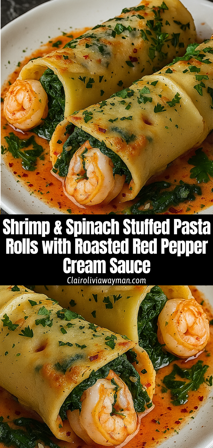 Shrimp & Spinach Stuffed Pasta Rolls with Roasted Red Pepper Cream ...